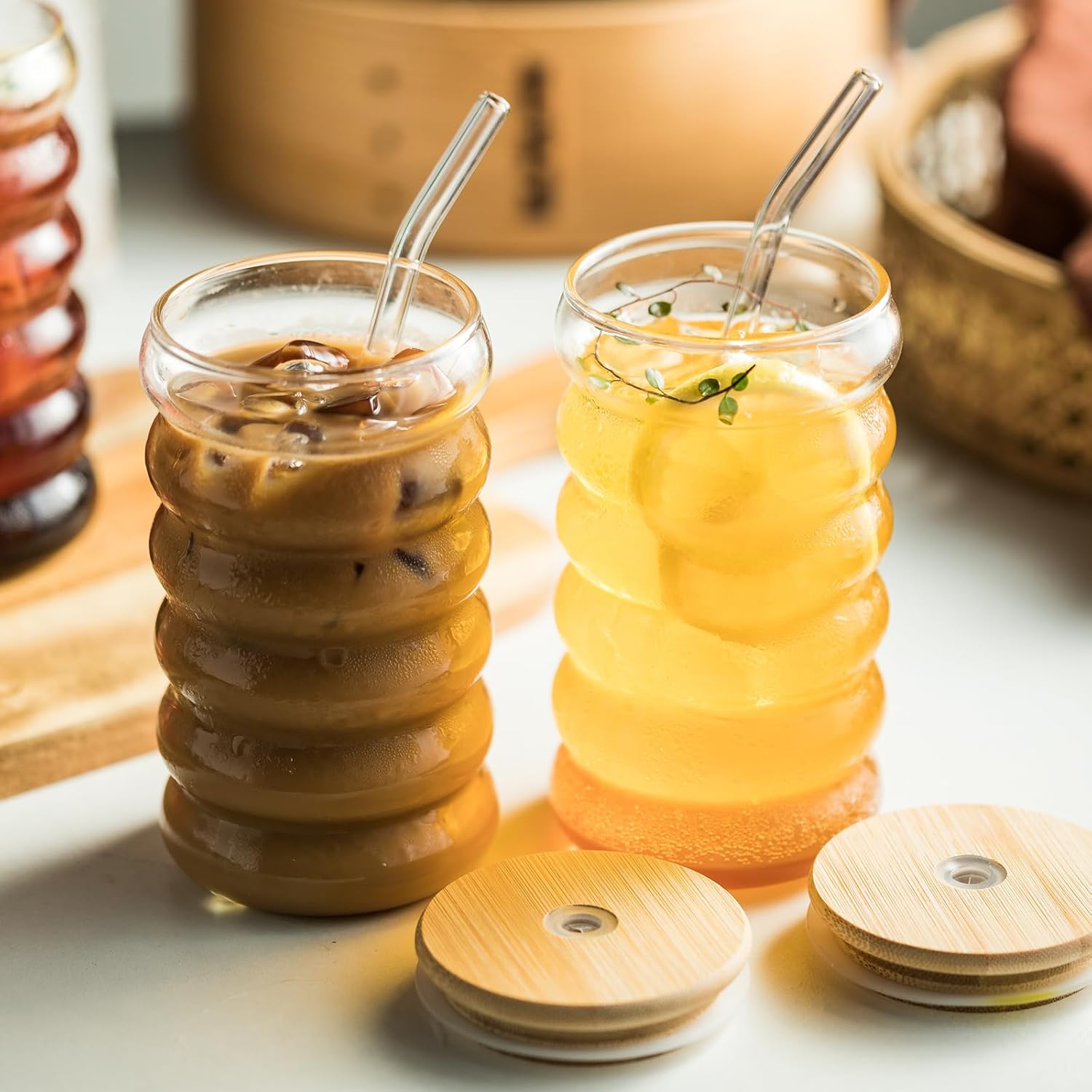 INSETLAN Vasos creativos de 20 onzas con tapas de bambú y popote de ...