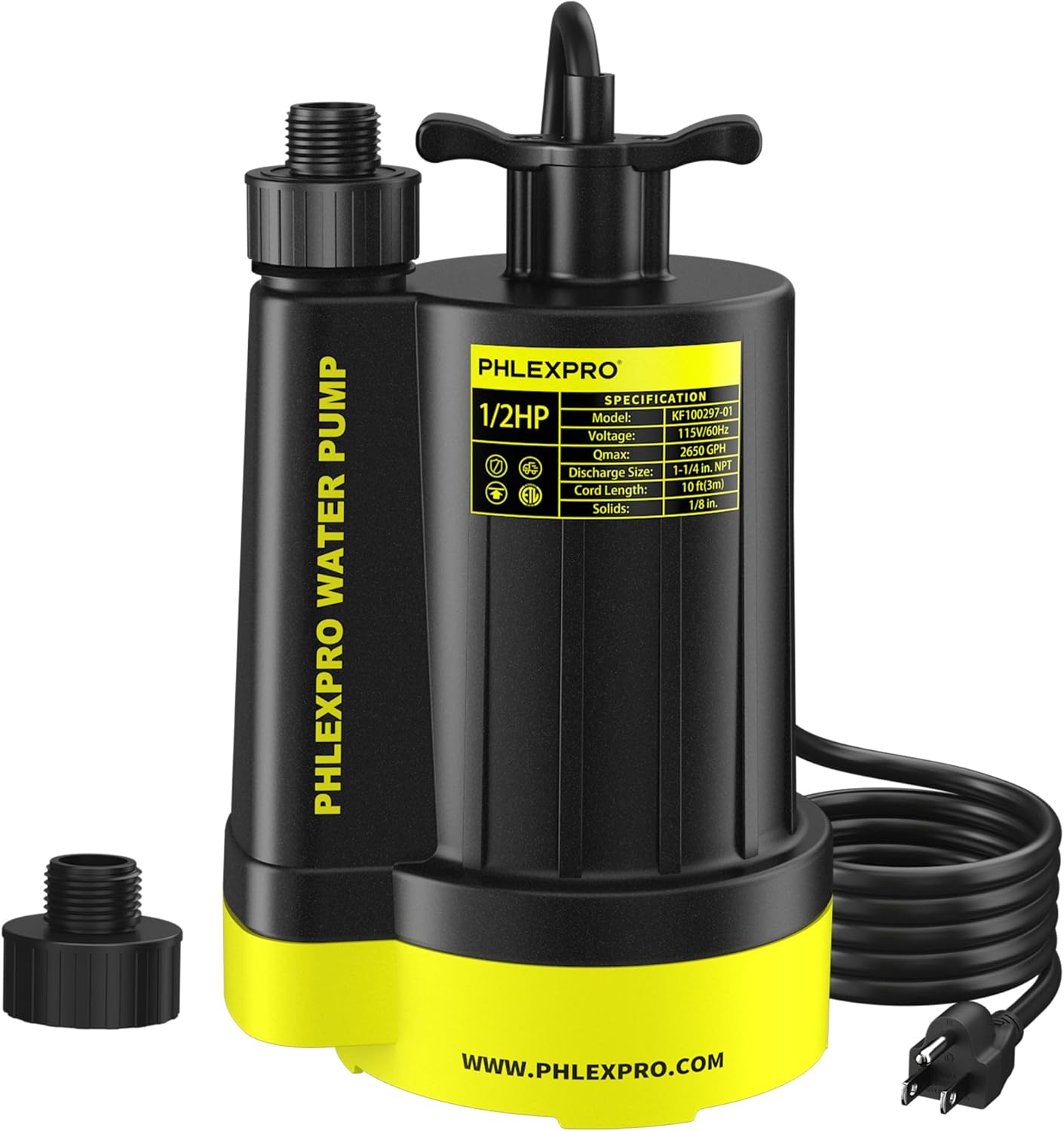 PHLEX PRO Sump Pump 1/2HP Submersible Water Pump, 2650GPH Utility Pump Thermoplastic Electric ...