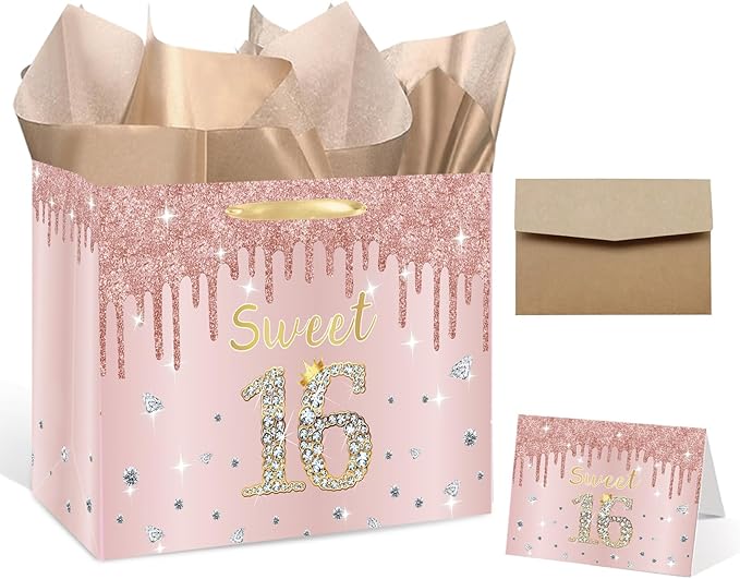 Amazon.com: Sweet 16 Gift Bag with Tissue Paper and Birthday Card Rose ...
