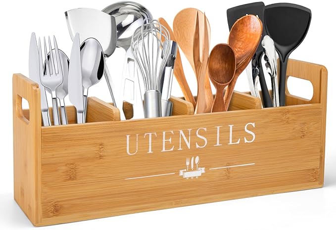Amazon.com: Kthizsor Bamboo Kitchen Utensil Holder,4 Sections Large ...