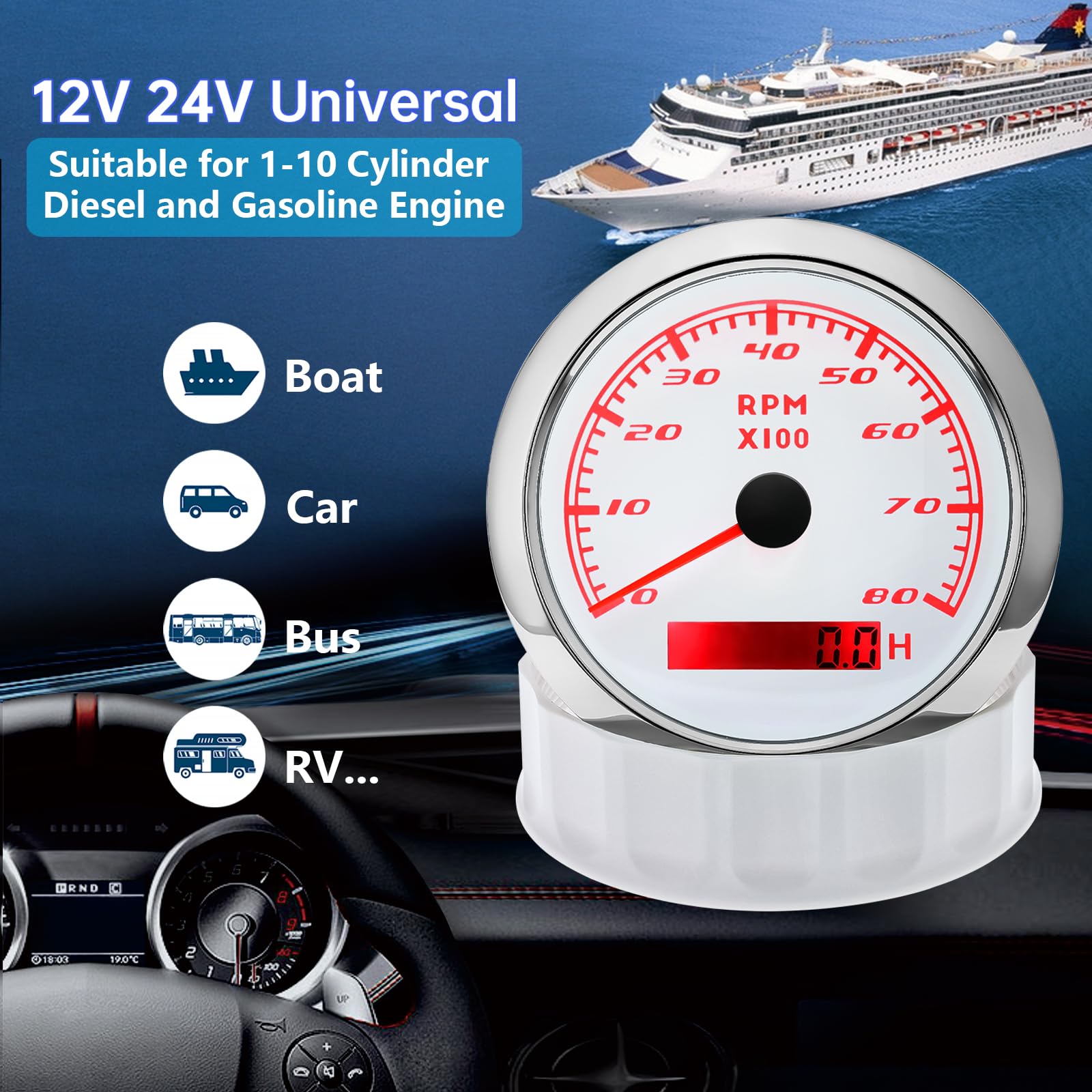 Snapklik.com : Tachometer Gauge 7 Color 0-8000 RPM Tacho Meter 85mm 3 3 ...