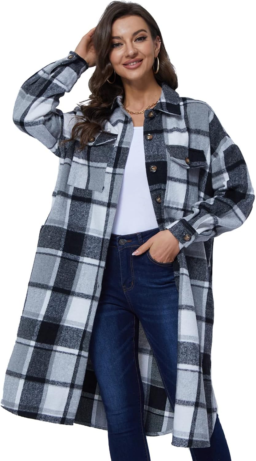 Amazon.com: Xaspee Womens Long Plaid Shacket Jacket Casual Fashion ...