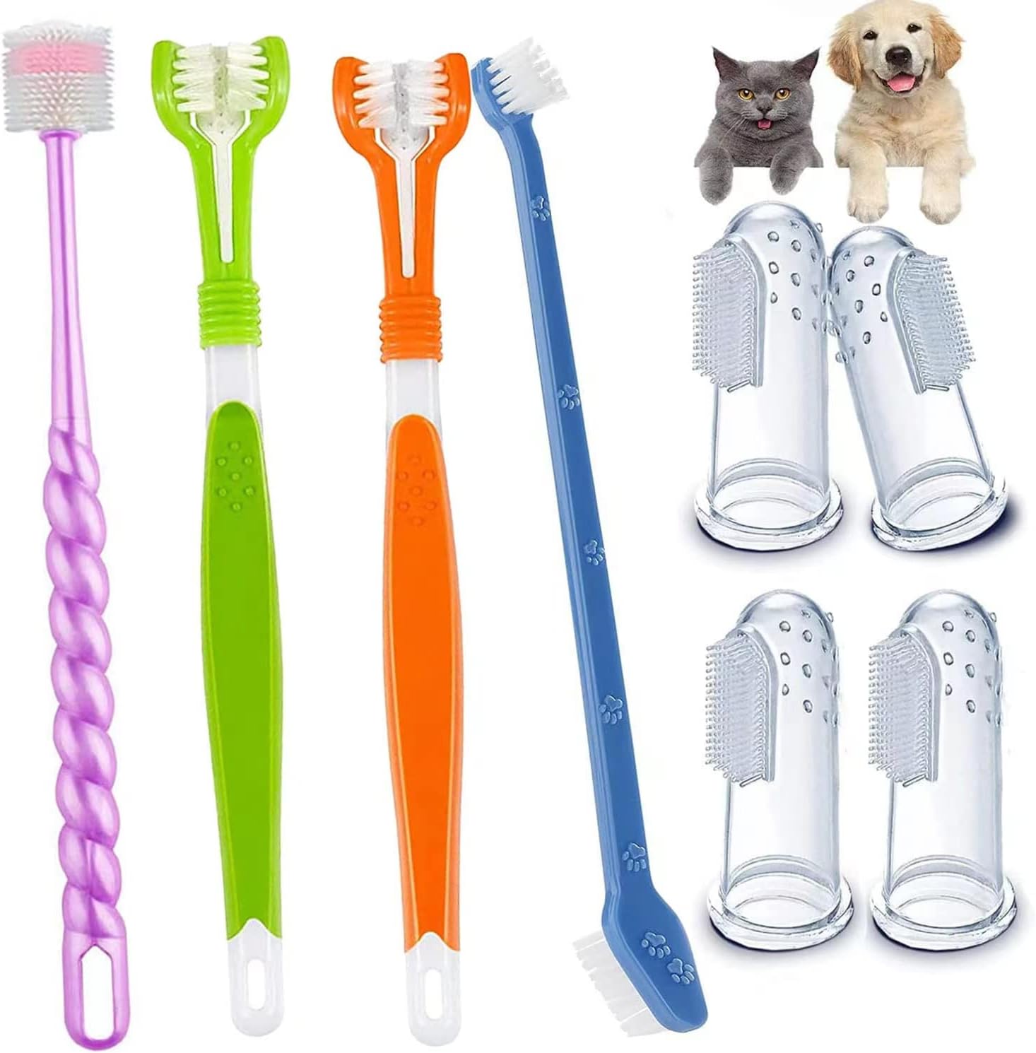 Dogs Toothbrush Set, 2 Triple Heads Dog Toothbrushes with 4 Pet Finger ...