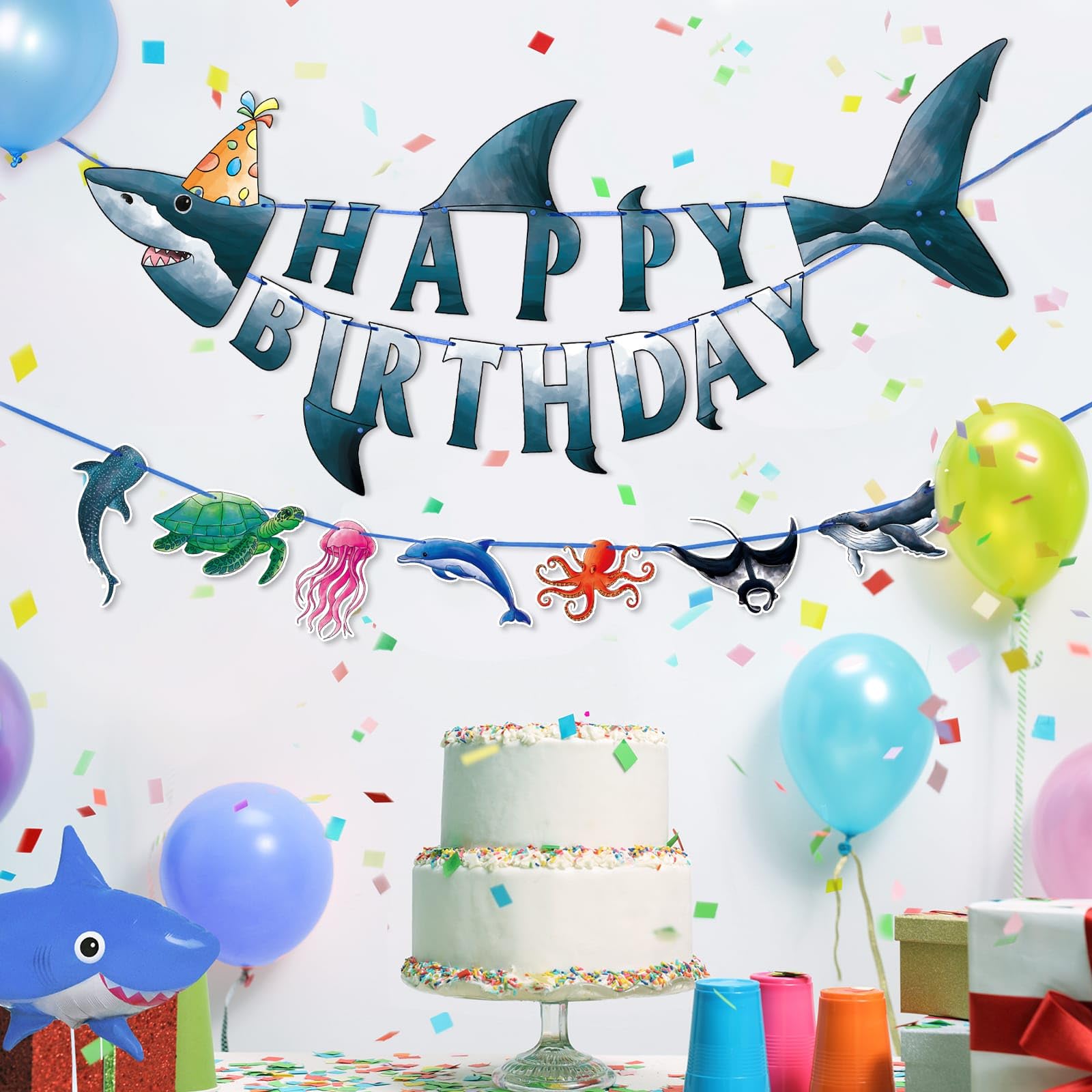 Snapklik.com : Shark Happy Birthday Banner Set - Ocean Theme Party ...