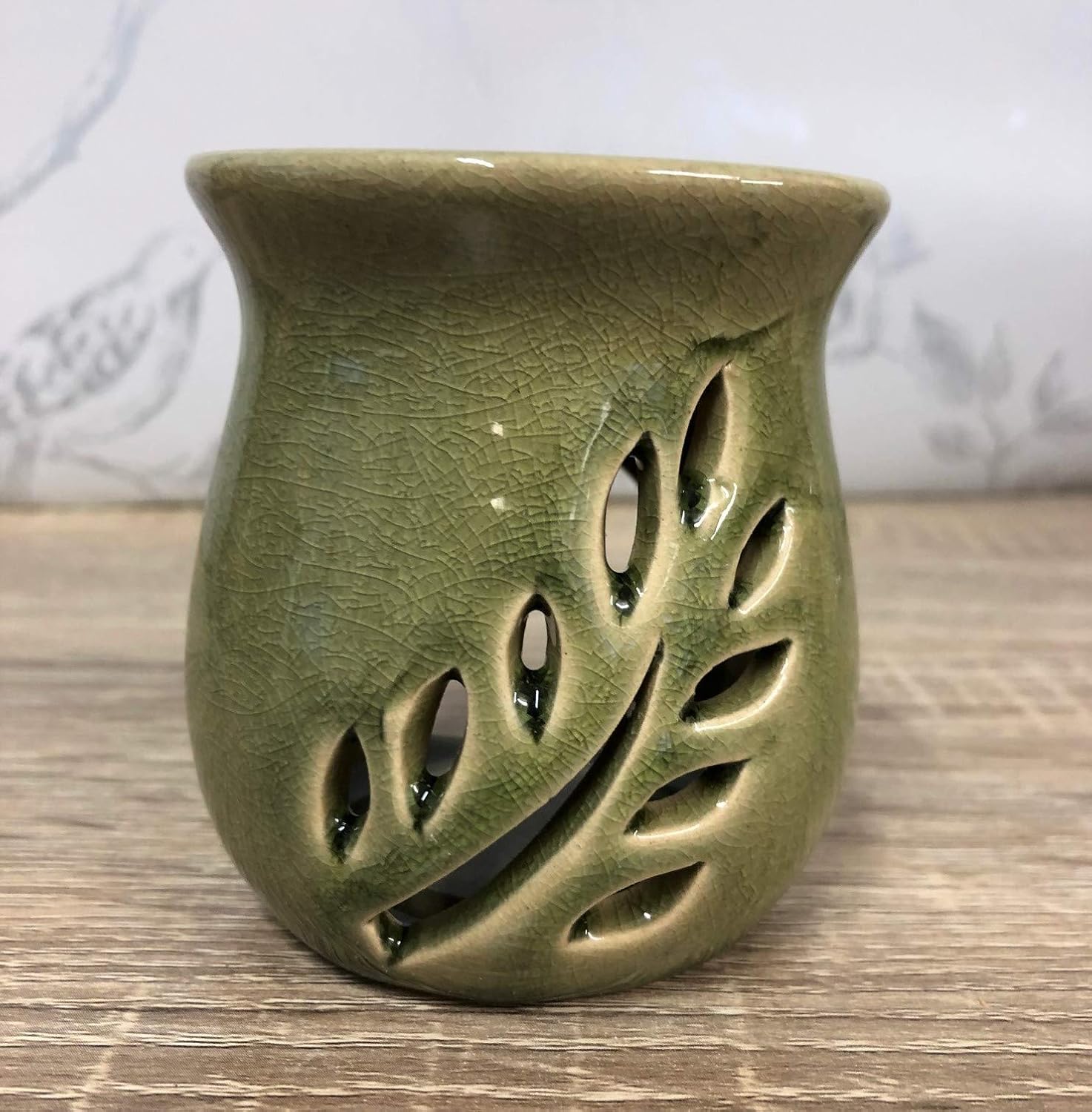Leaf Design Crazed Ceramic Pot Oil | Fragrance | Wax Melt Burner (Green ...