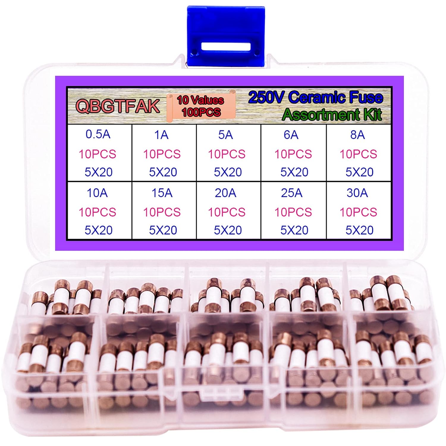 QBGTFAK 100pcs Quick Blow Ceramic Tube Fuse Assorted Kit Amp 250V 0.5A ...