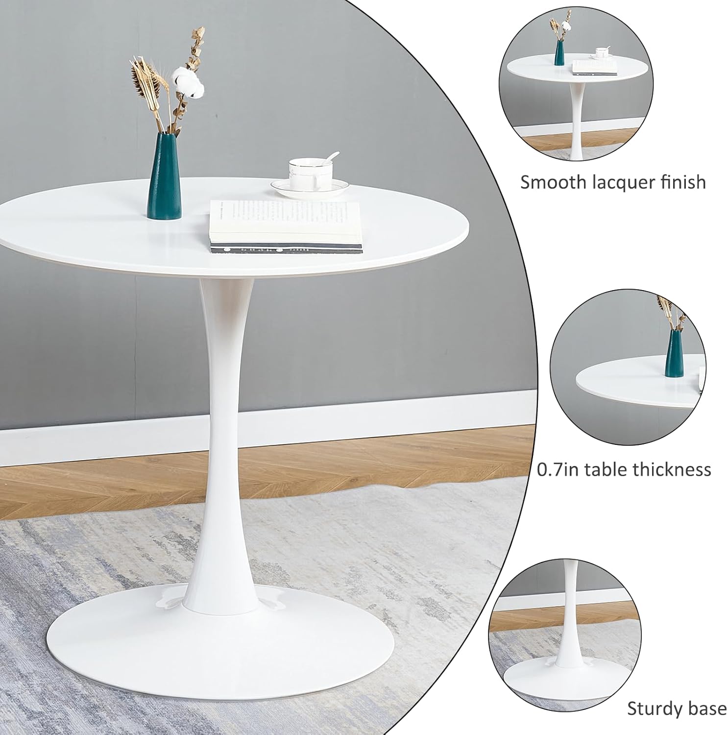 Hison Mesa de comedor redonda moderna blanca con parte superior redonda ...