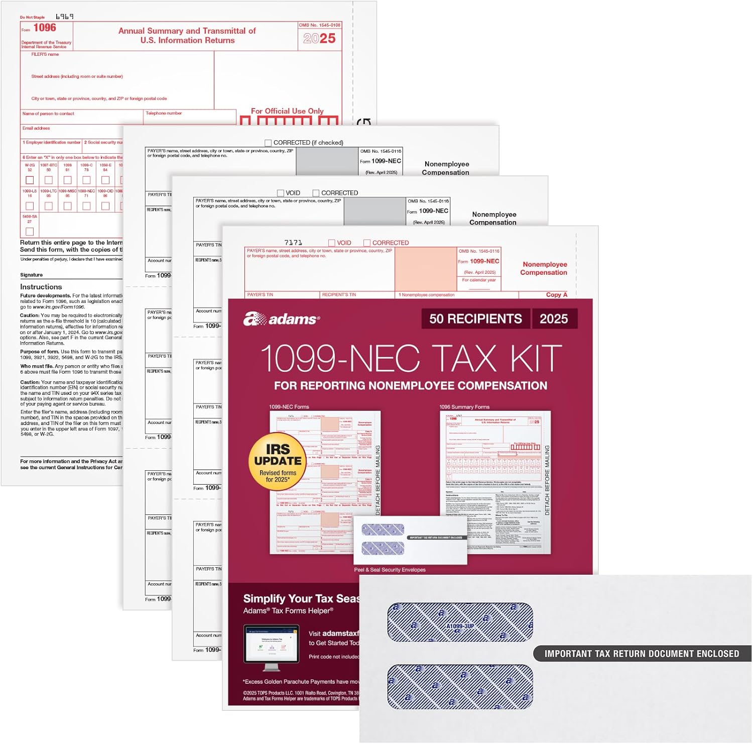 Adams 1099 NEC Forms 2025, 3-Part Pack for 50 Recipients, Inkjet/Laser ...