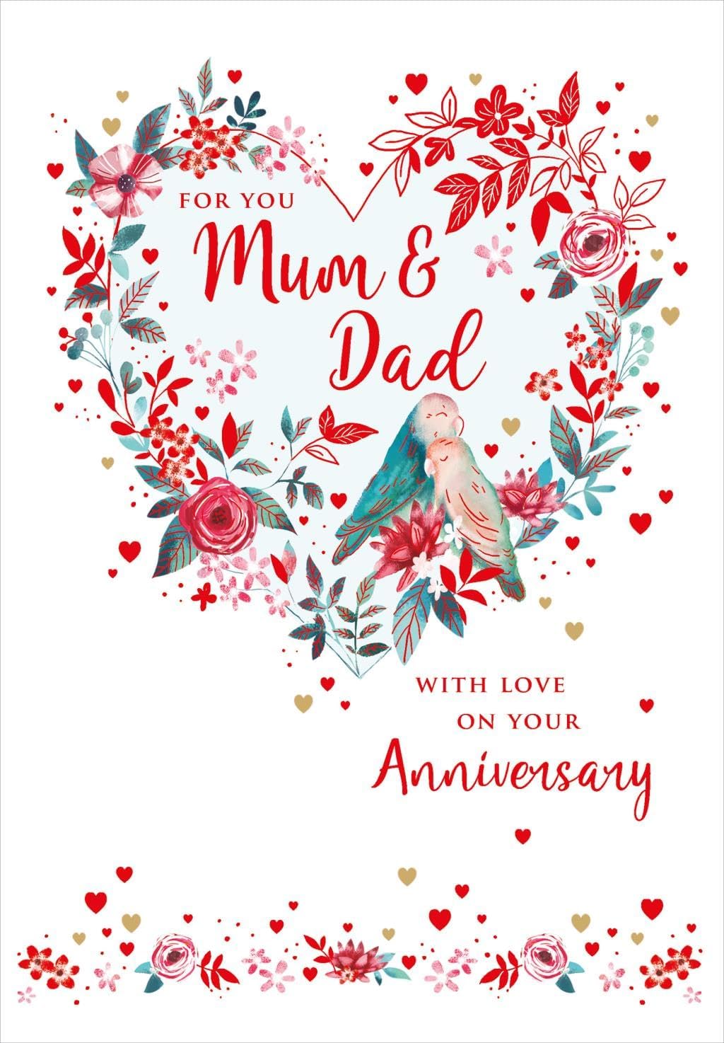 Nigel Quiney Mum & Dad Anniversary Card - Floral Love Heart and Parrots ...