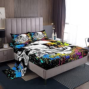 Amazon.com: Sugar Skull Fitted Sheet Floral Skull Sketch Bedding Sets ...