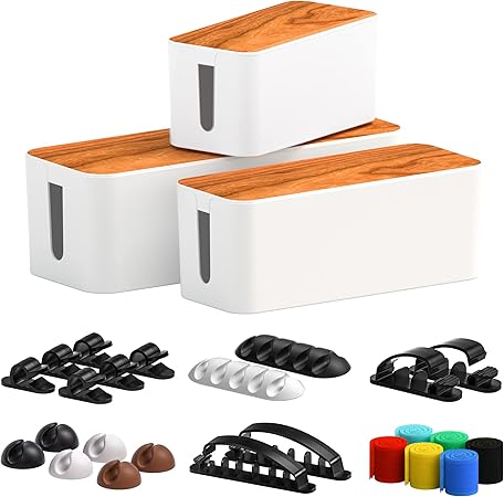 Amazon.com: Cable Management Box 3 Pack with 16 Cable Clips Set-Large ...