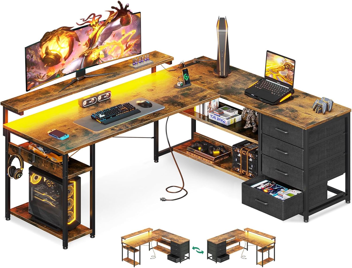 AODK 61" L Shaped Desk with Drawer, Computer Desk with Power Outlets ...