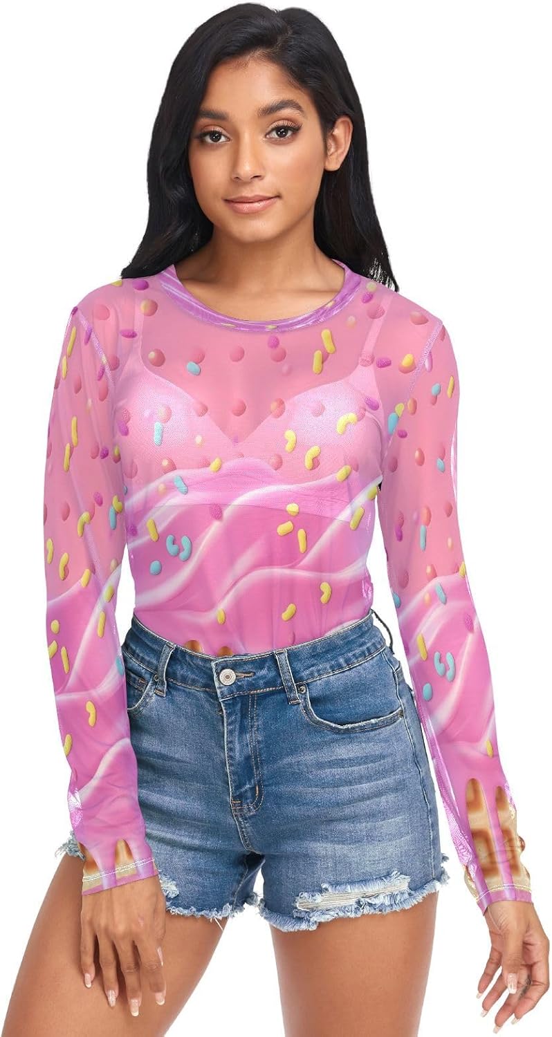 Amazon.com: Ice Cream Sprinkles Waffle Pink Women's Long Sleeeve Mesh ...