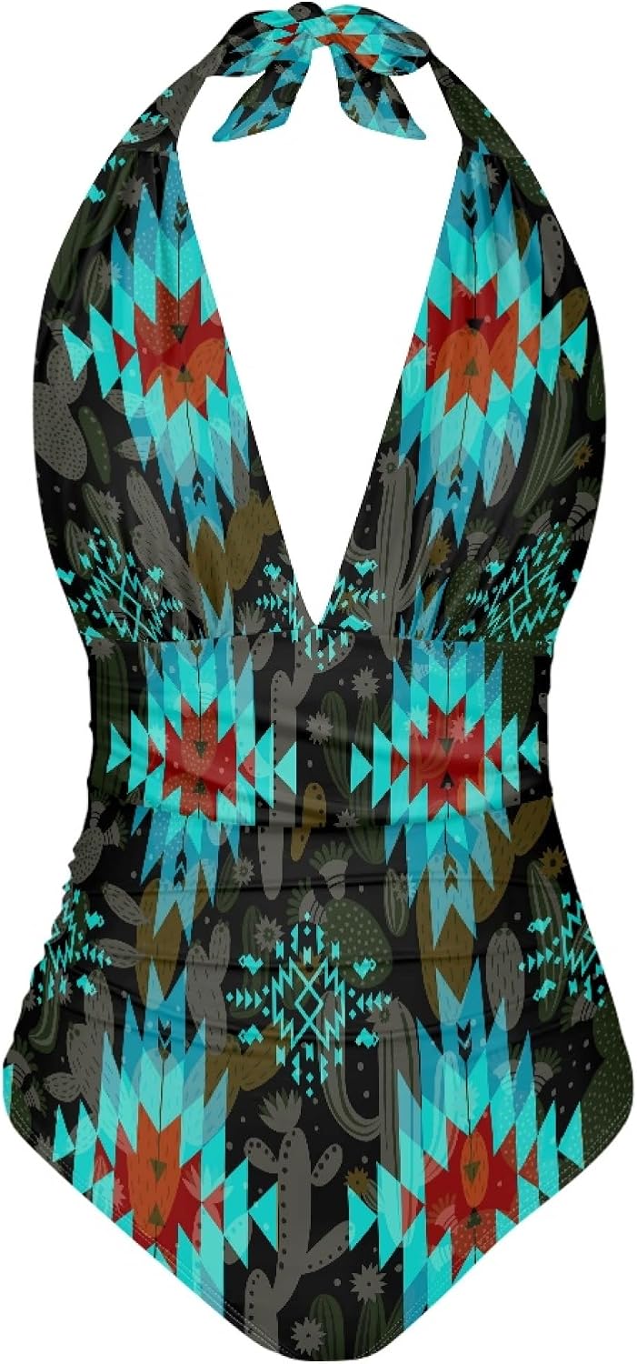 Cumagical Aztec Cactus Print One Piece Swimsuit Tummy Control Sexy V ...