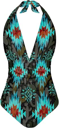 Cumagical Aztec Cactus Print One Piece Swimsuit Tummy Control Sexy V ...