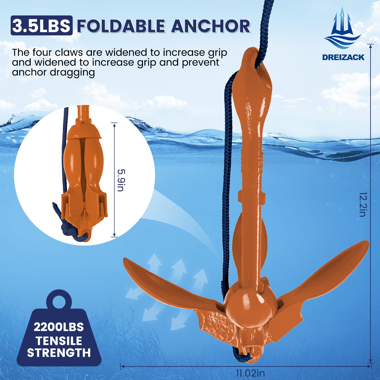 Folding Grapnel Anchor 3.3lb MorningRo Kayak Anchor Kit - 3.3lb Folding ...