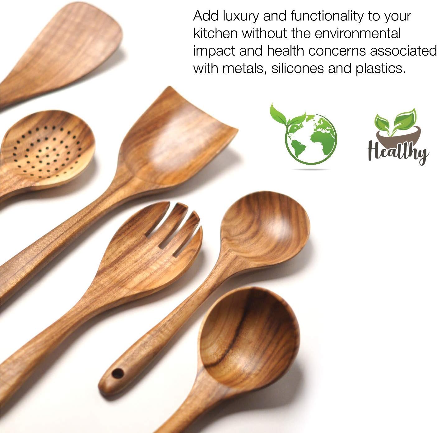Wood Kitchen Utensil Set – 6 Piece Handcrafted Natural Teak ...
