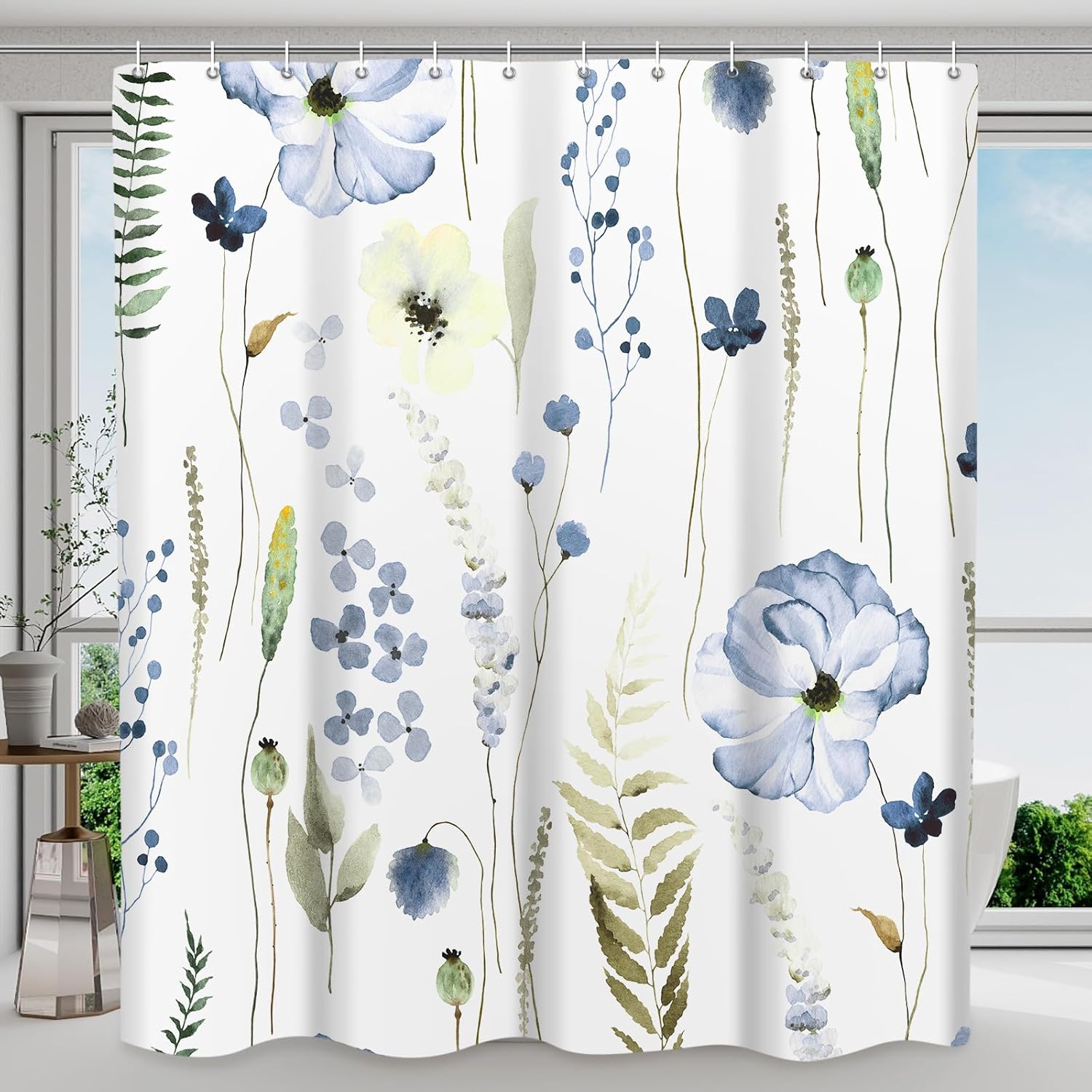 Amazon.com: WITHLOC Shower Curtain Watercolor Flower Shower Curtain Sets - Spring Navy Floral ...