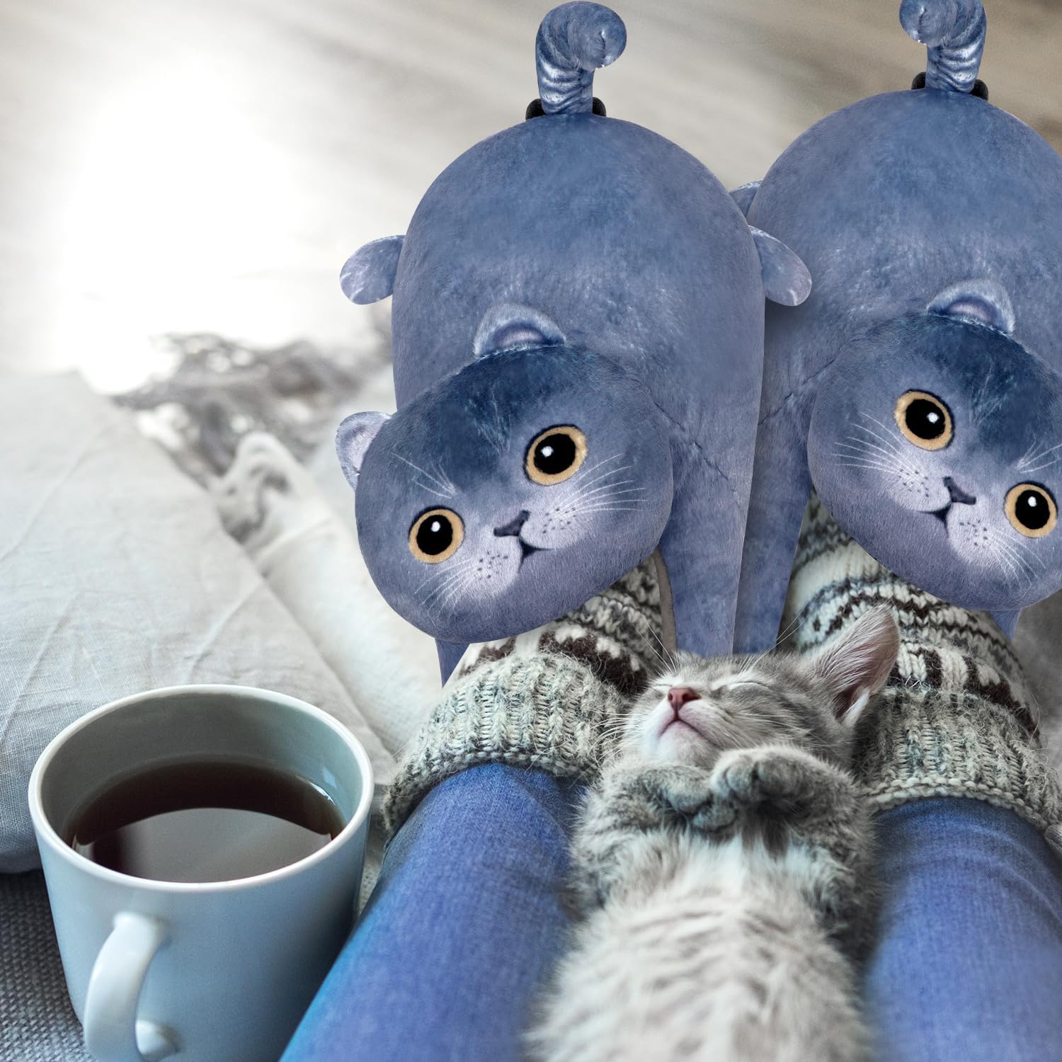 Cute Fuzzy Cat Slippers for Women Indoor and Outdoor, Funny Animal ...