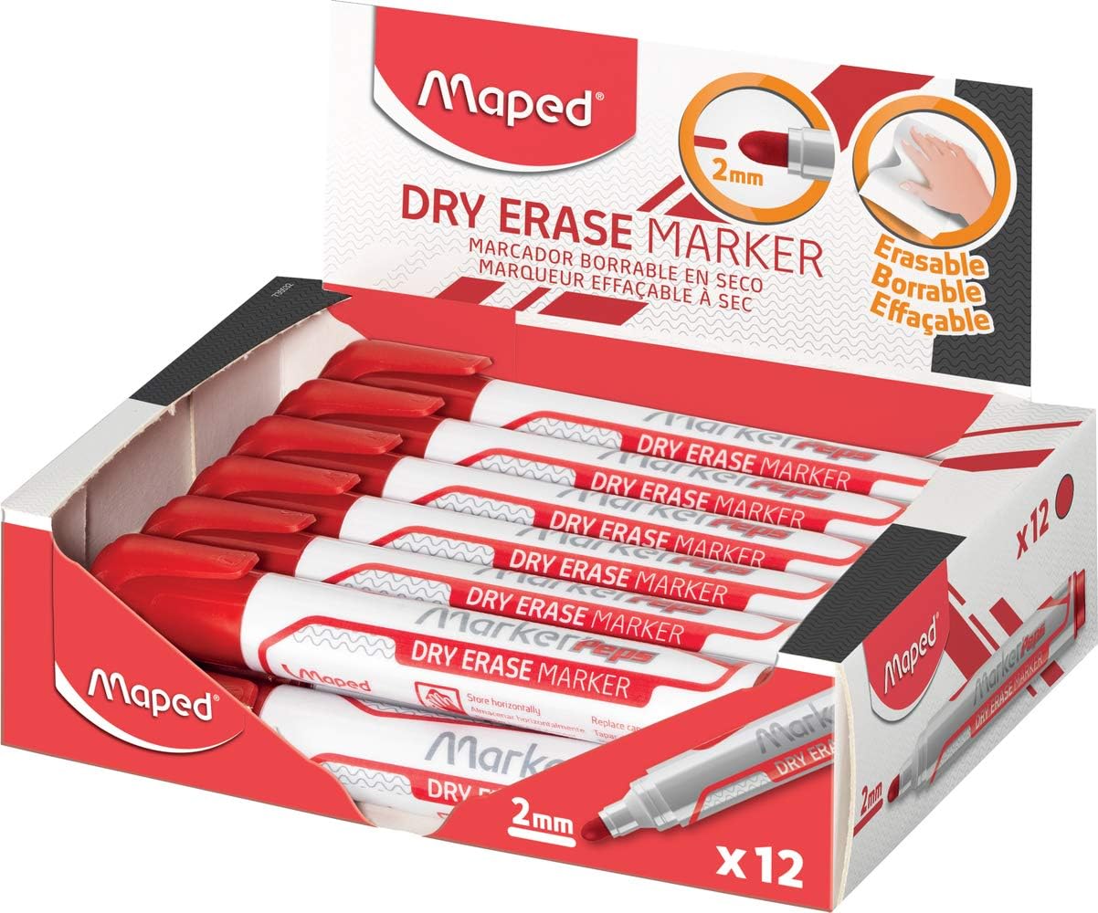 Maped - Marqueurs effaçables à sec Rouge x 12 - Pointe ogive large 2mm ...