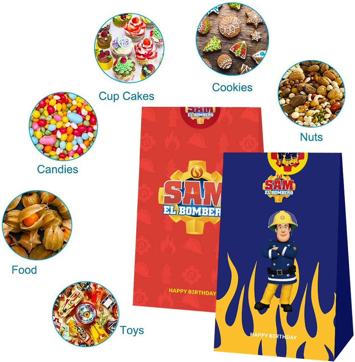 Fireman Sam Party Bags, 12 Fireman Sam Paper Party Bags with Pieces ...