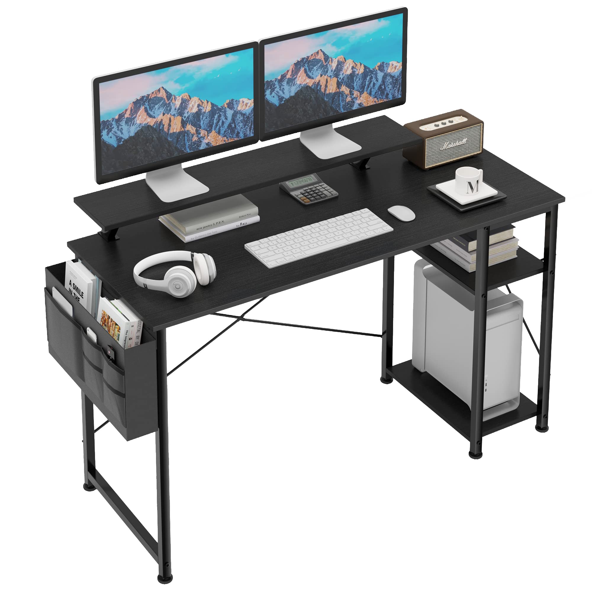 Mexin 47 Inch Computer Desk with Monitor Stand & 2-Tier Storage Shelves ...