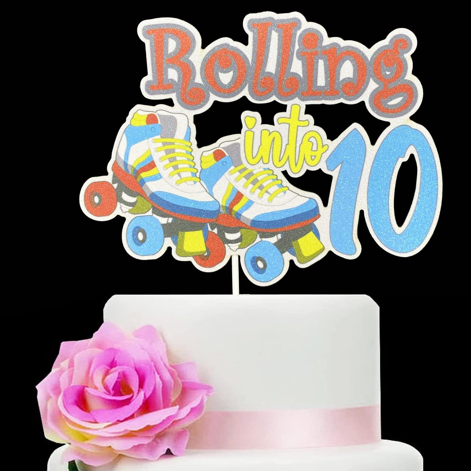 Amazon.com: Rolling into 10 Cake Topper - Glitter Colorful Roller Skate ...