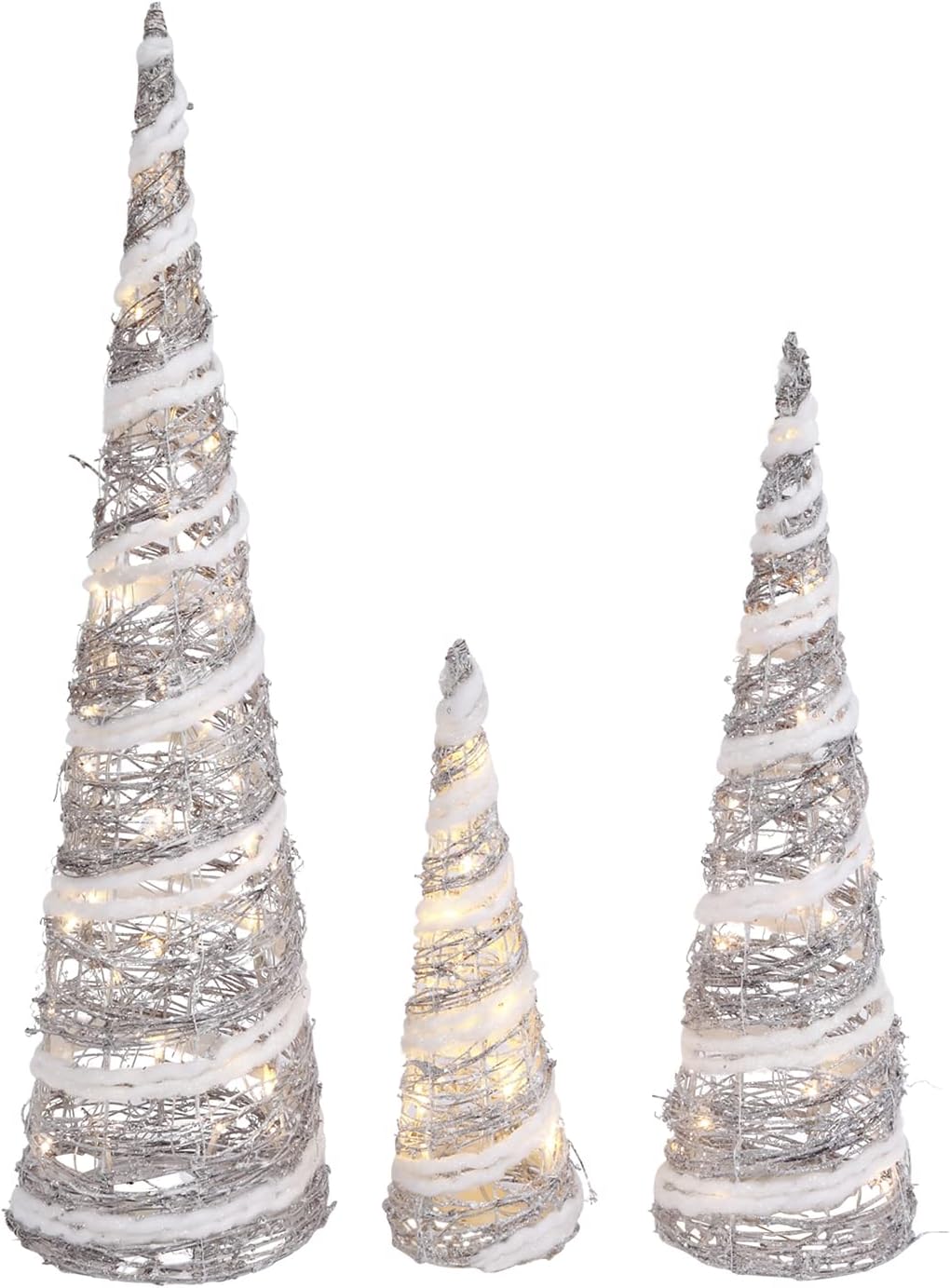 Lighted 3 Pc Silver Twig Cone Trees Set White Ribbon Glitter Holiday Decor