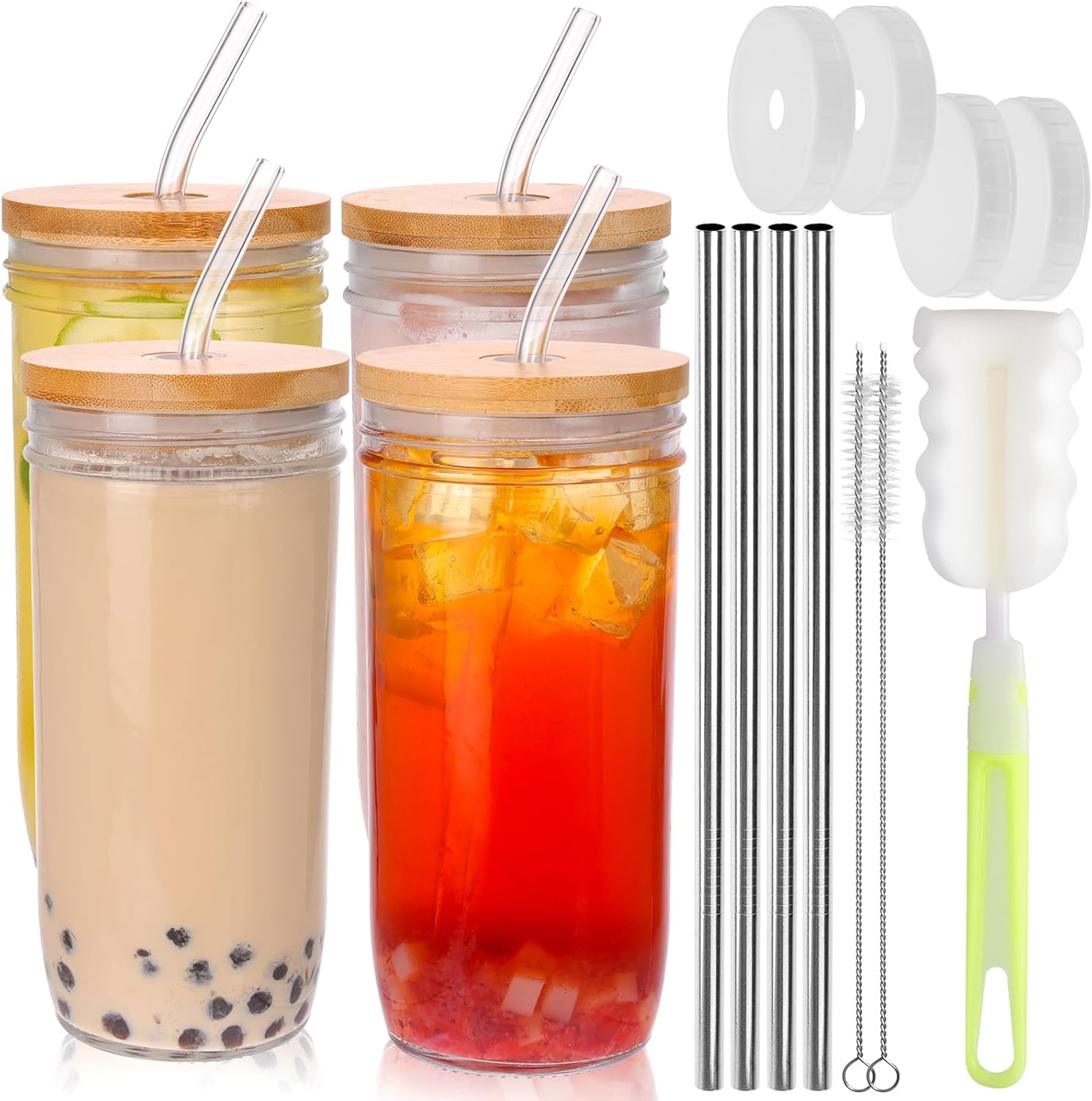 Amazon.com: Moretoes 4pcs 24oz Glass Cups with Lids and Straws, Mason ...