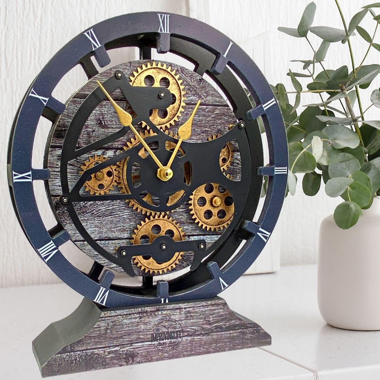 Amazon.com: Lafocuse 10 Inch Wooden Real Moving Gears 2 in 1 Desk Clock ...