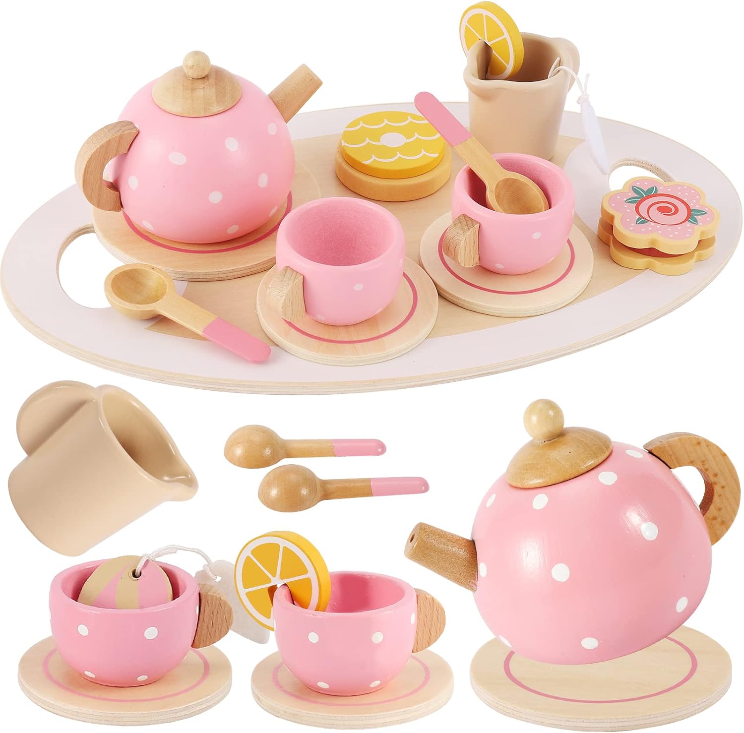 Amazon.com: BUYGER Wooden Tea Party Set for Little Girls, Kids Kitchen ...