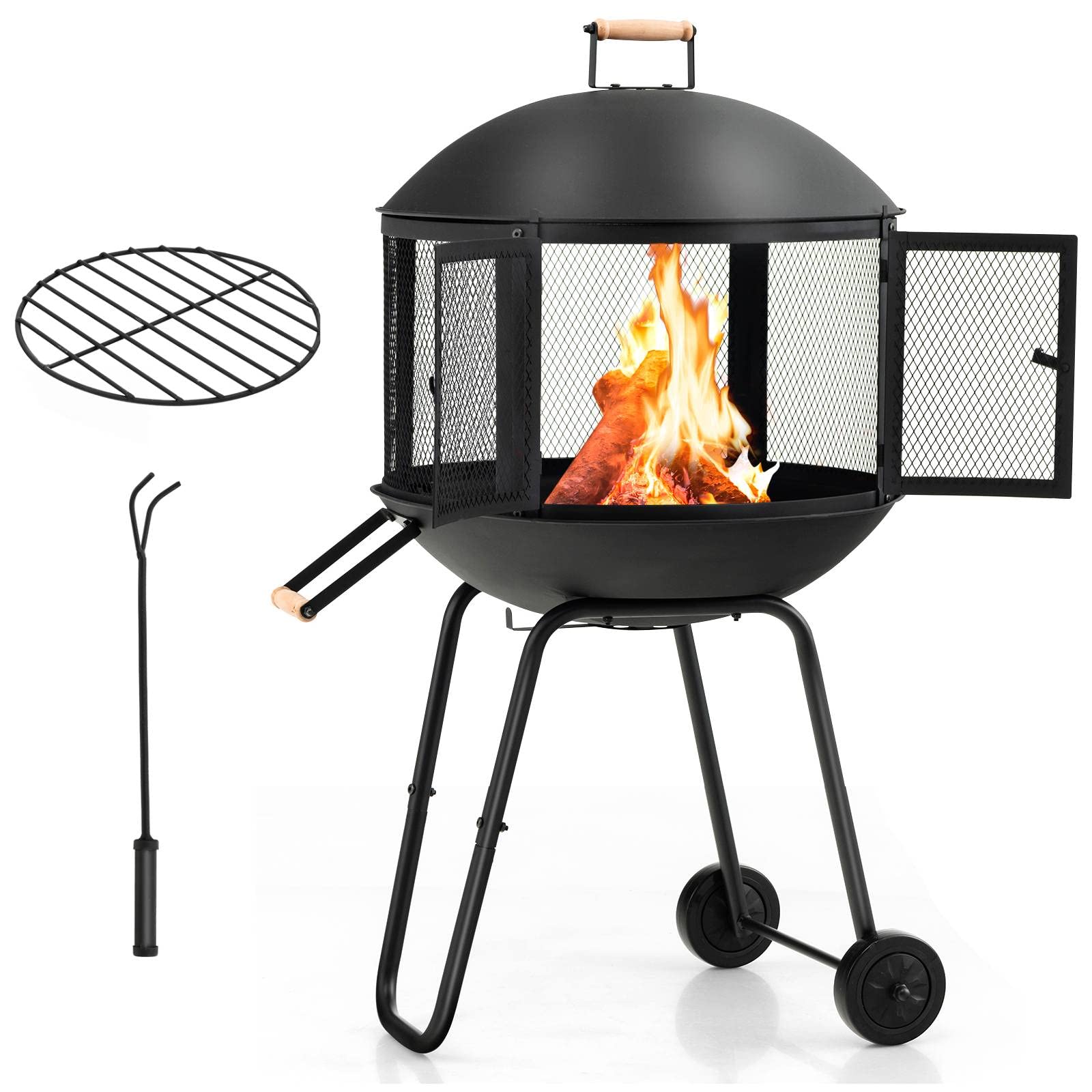 COSTWAY 2-in-1 Rolling Outdoor Fire Pit, Wood Burning Firepit with ...