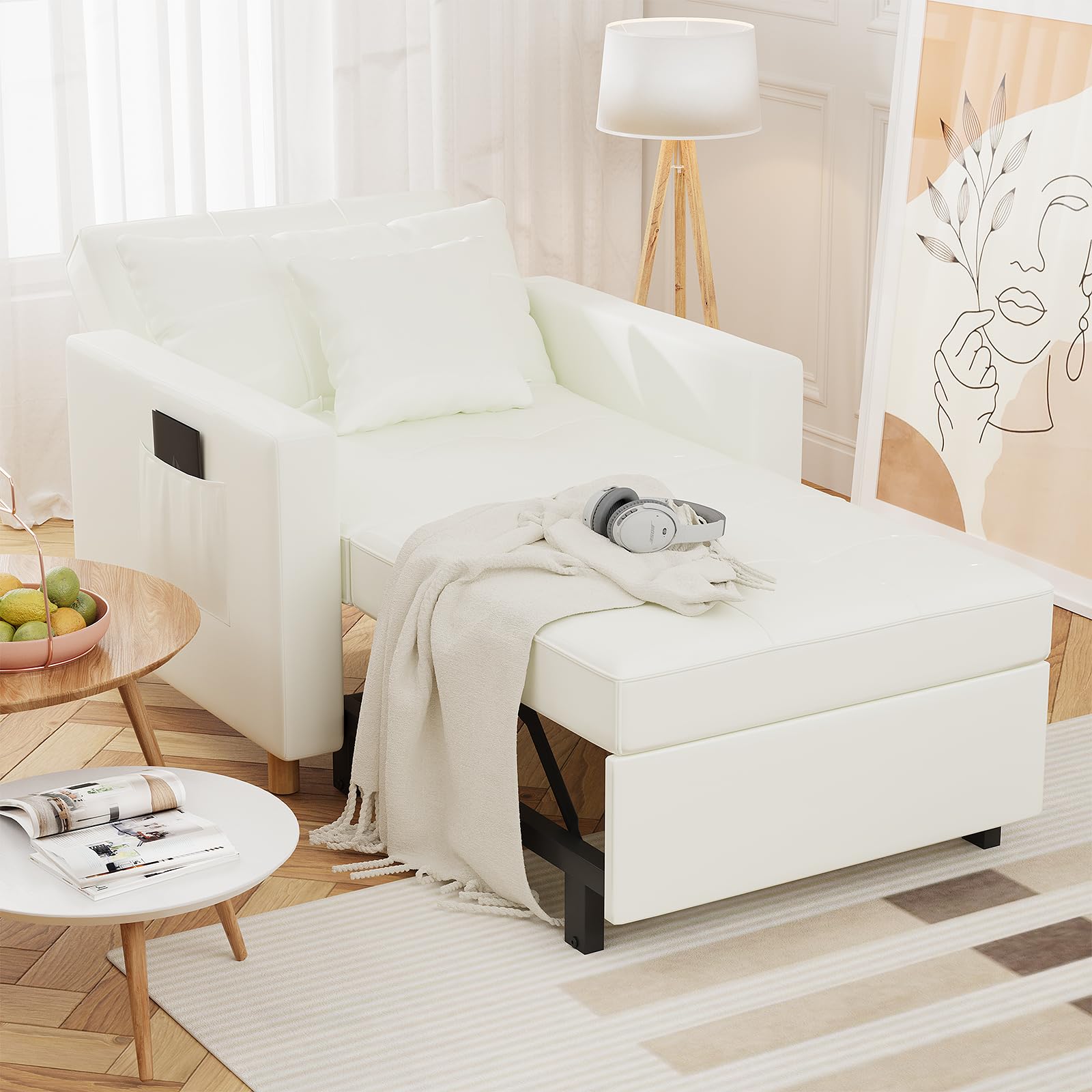 UNIONLINE Single Sofa Chair White 192cm, Sleeper Chair Bed Pull Out ...