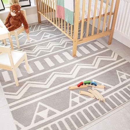 Children’s Kids Scandi Rug Durable Cream Grey Mountains Stars Moon ...