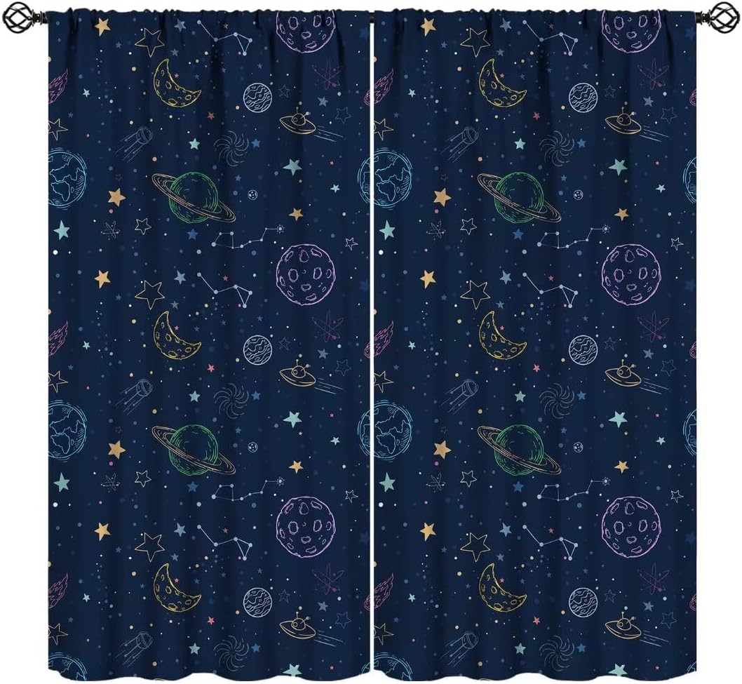 Amazon.com: Outer Space Galaxy Curtains, Boys Kids Cartoon Universe ...