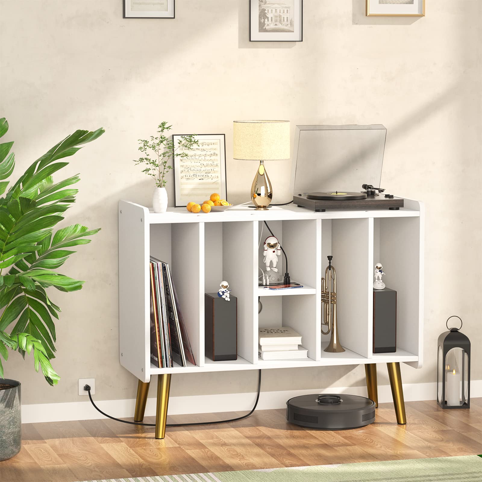 Unikito White Record Player Stand with Storage and Outlet, Vinyl Record ...