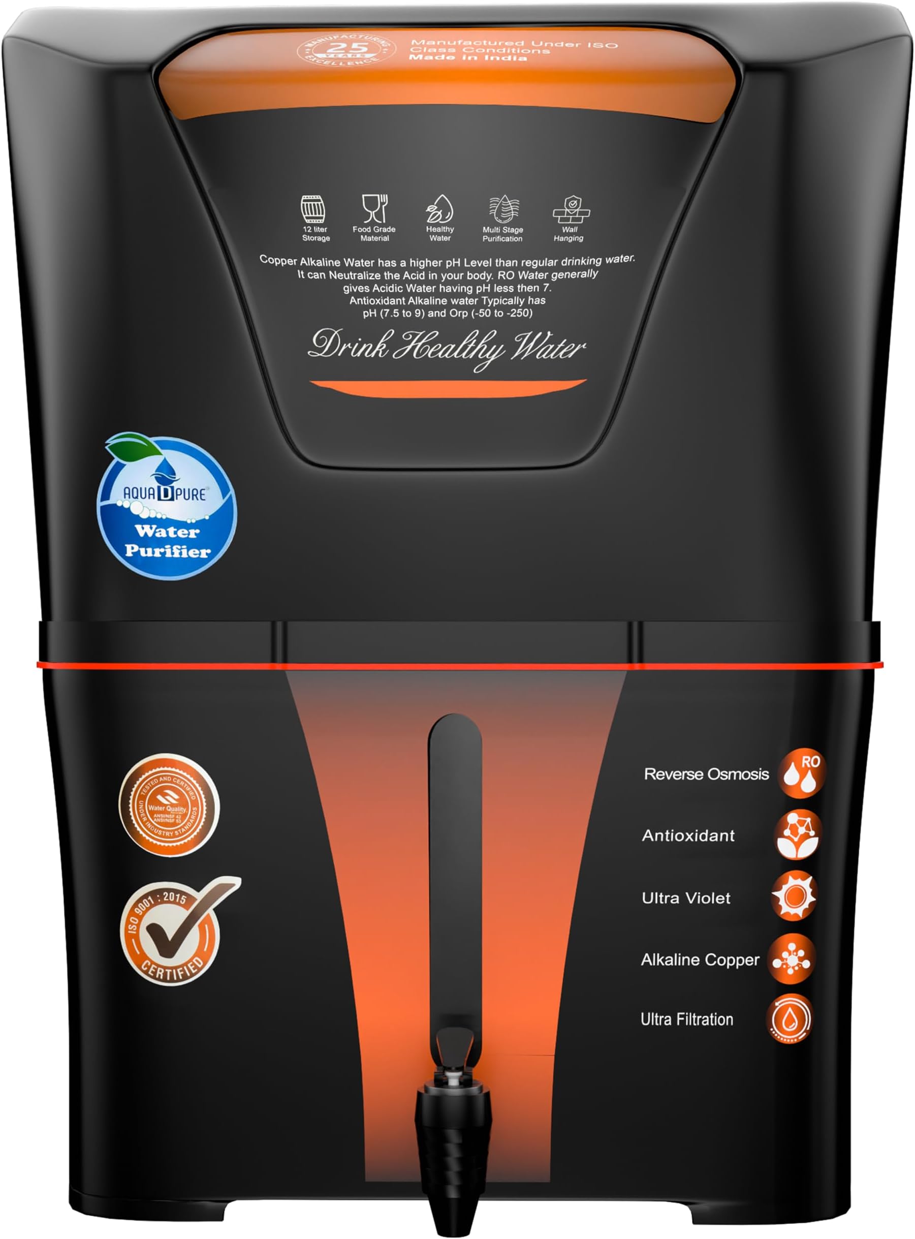 AQUA D PURE Copper + Alkaline RO Water Purifier 12L RO+UV+UF Copper+Bio ...