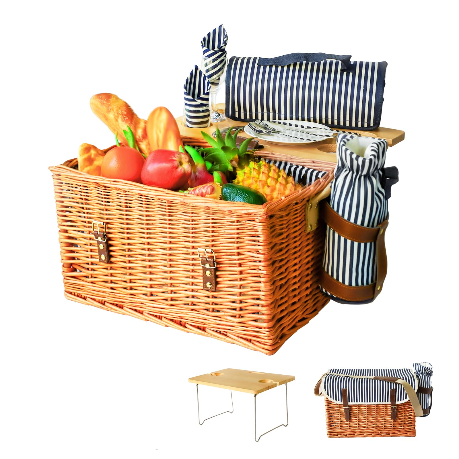 HYBDAMAI Wicker Picnic Basket for 4, 4 Person Picnic Kit, Willow Hamper ...