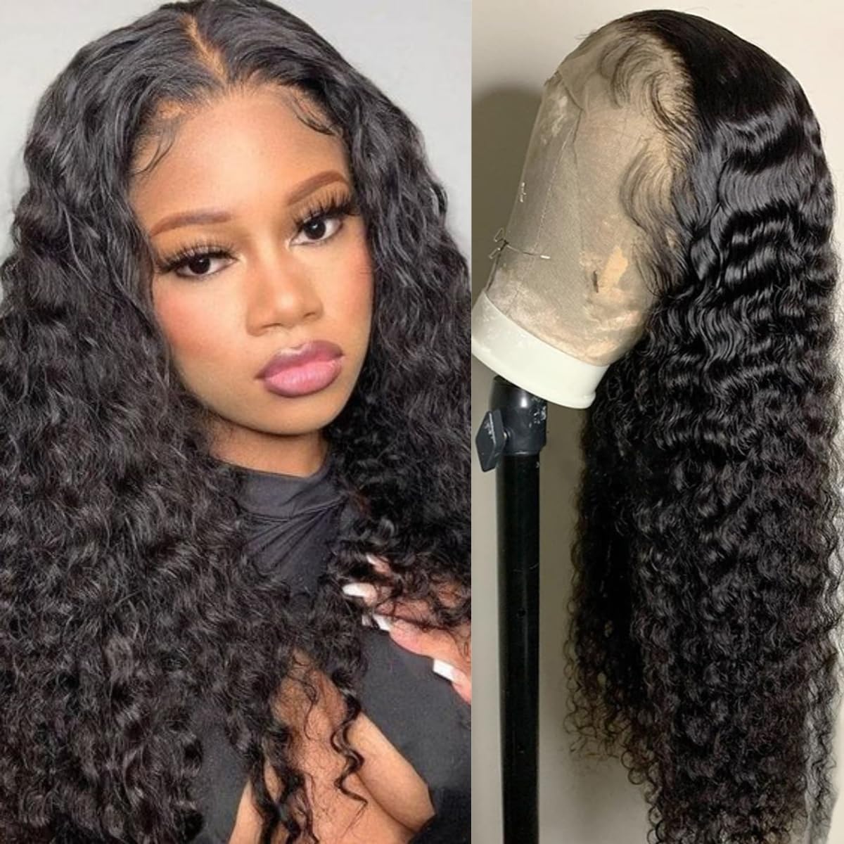 Amazon.com : Deep Curly Lace Frontal Wig Pre Plucked 13x4 Deep Wave ...
