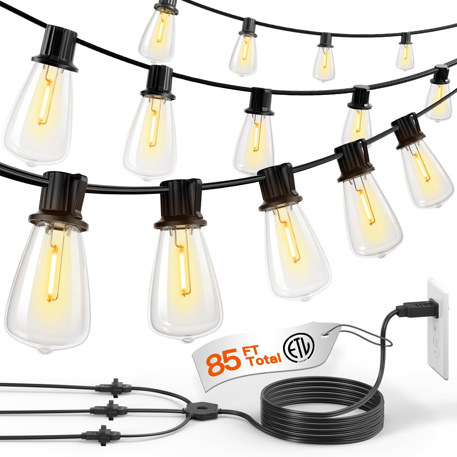 addlon 1-to-3 Extension Cord String Lights - 85FT Total (3x25FT String ...