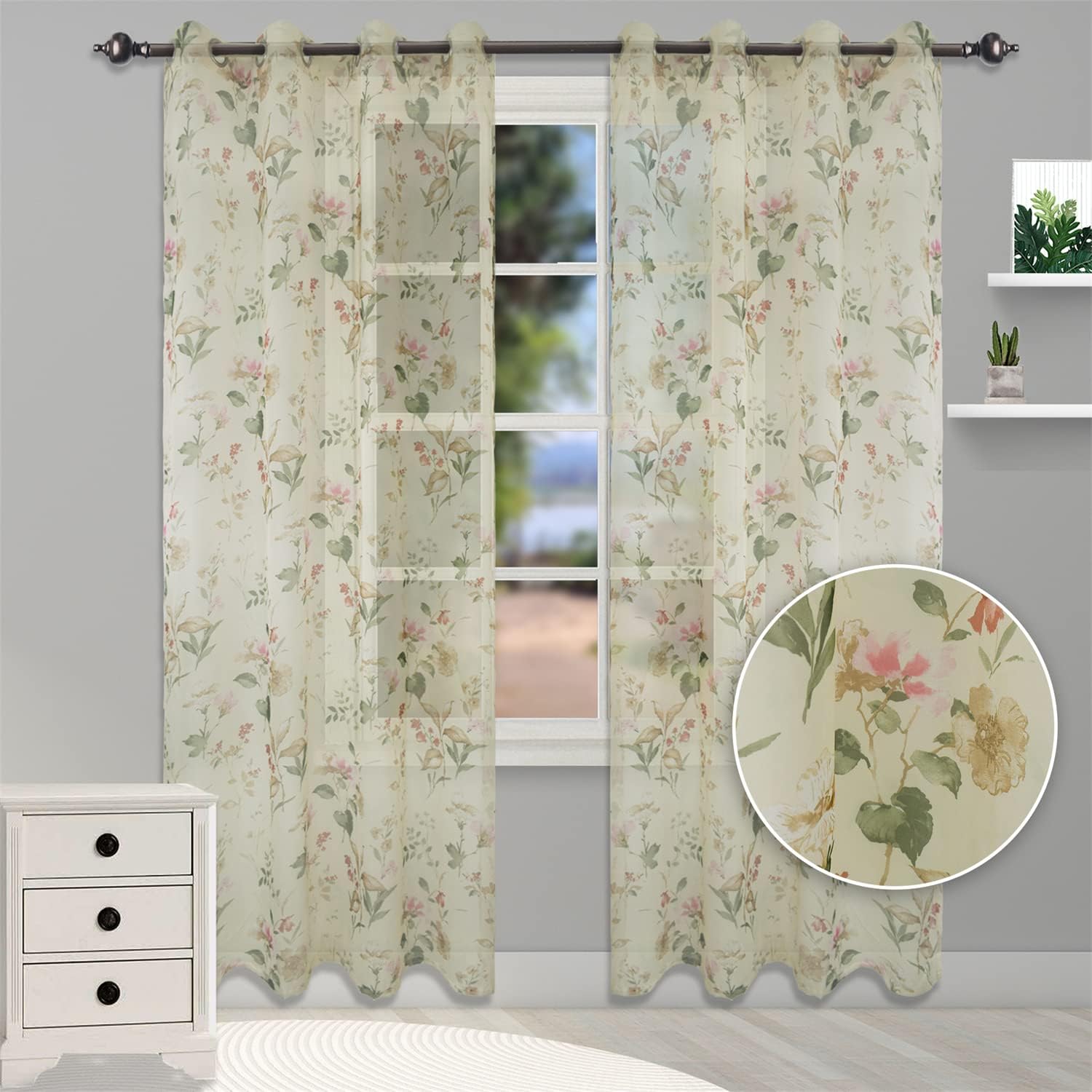 Amazon.com: Moslovstar Fresh Flower Leaves Curtain 2 Panels Semi Sheer ...