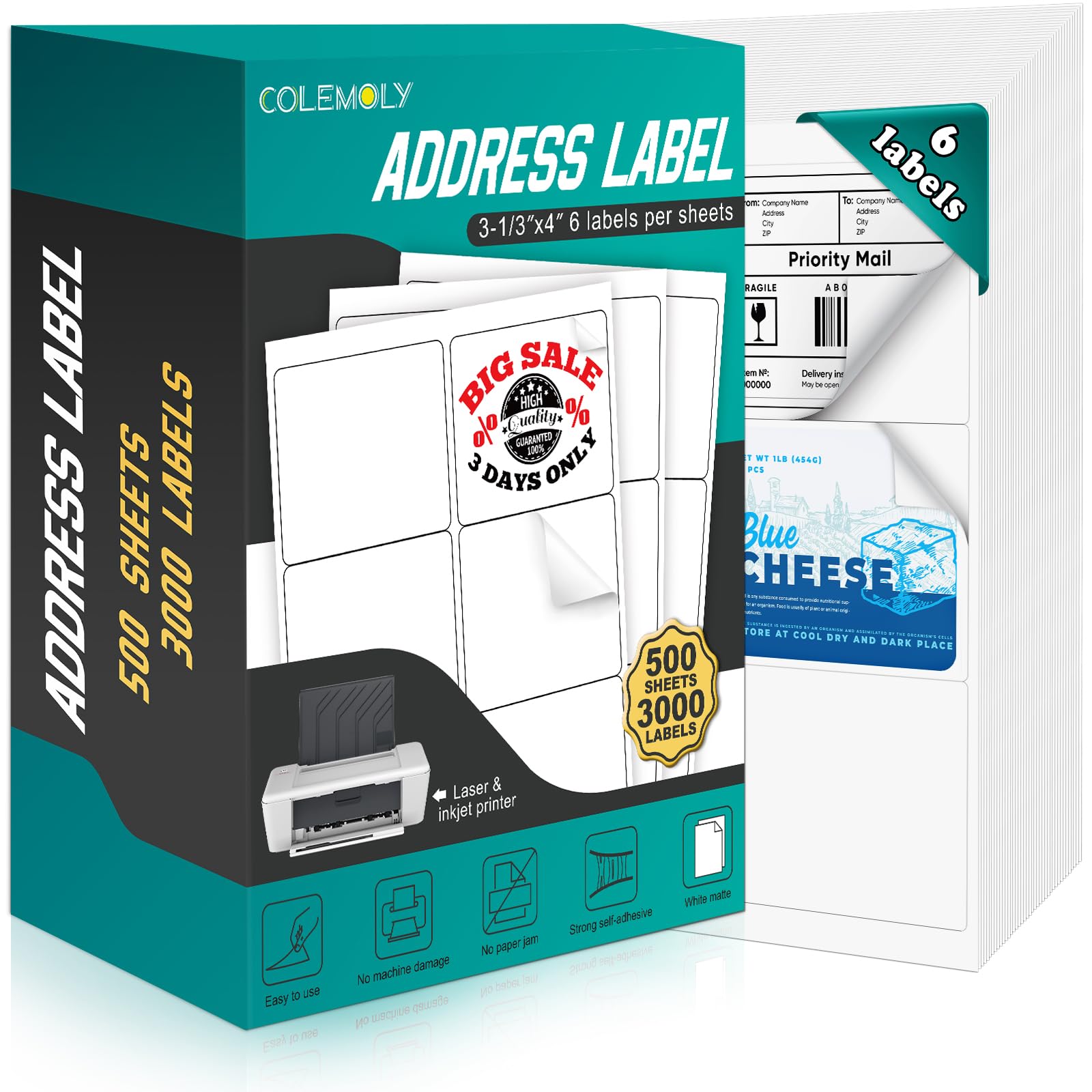 Snapklik.com : Colemoly 3.33x4 In Labels - 500 Sheets 6 Label Stickers ...