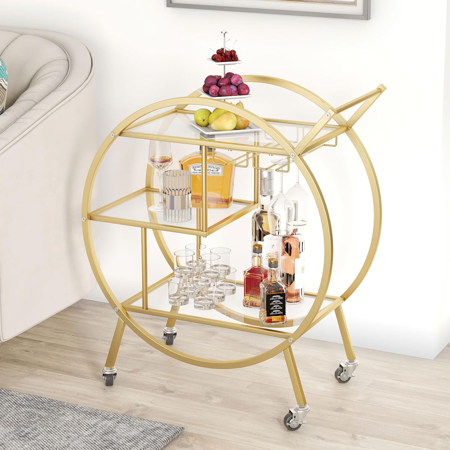 Amazon.com: SMARTISBEAUTY Bar Cart Gold 3 Tiers, Rolling Home Bar ...