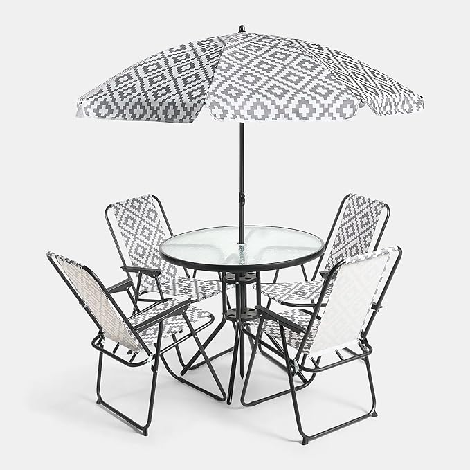 OHS Grey Geometric 6 Piece Garden Furniture, Patio Set with Parasol ...