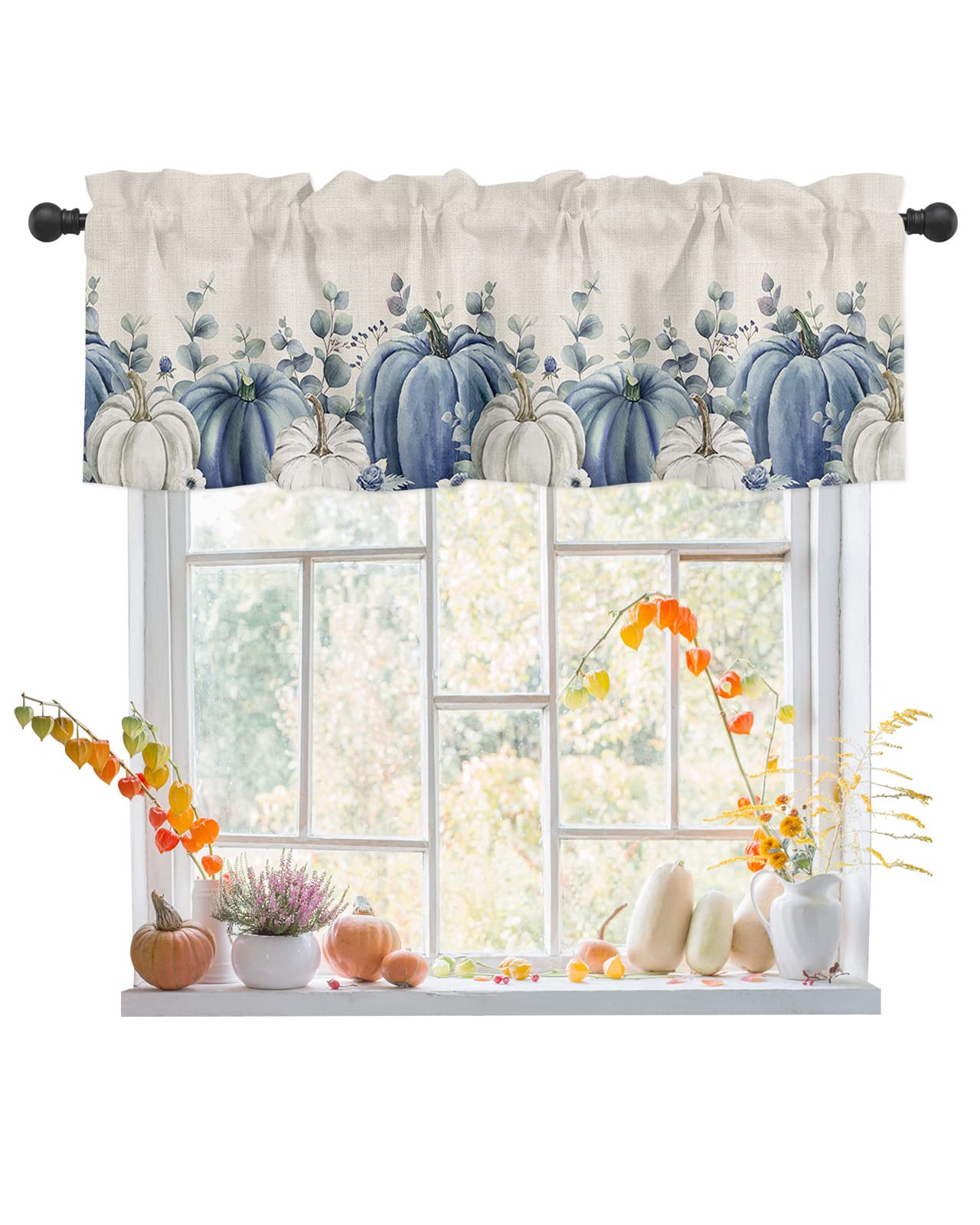Amazon.com: Blue White Pumpkins Fall Valances for Windows Farmhouse ...