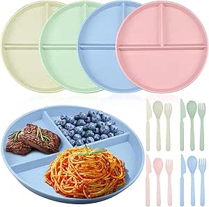 4Pcs Divided Dinner Plates Cutlery Sets, 9in Portion Control Plates ...