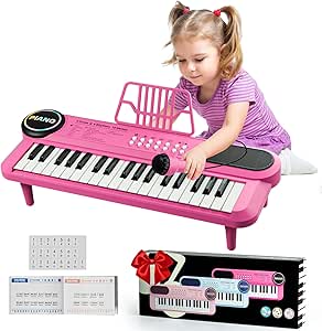 Amazon.com: Pink Kids Piano Keyboard with Microphone 37 Keys Portable ...