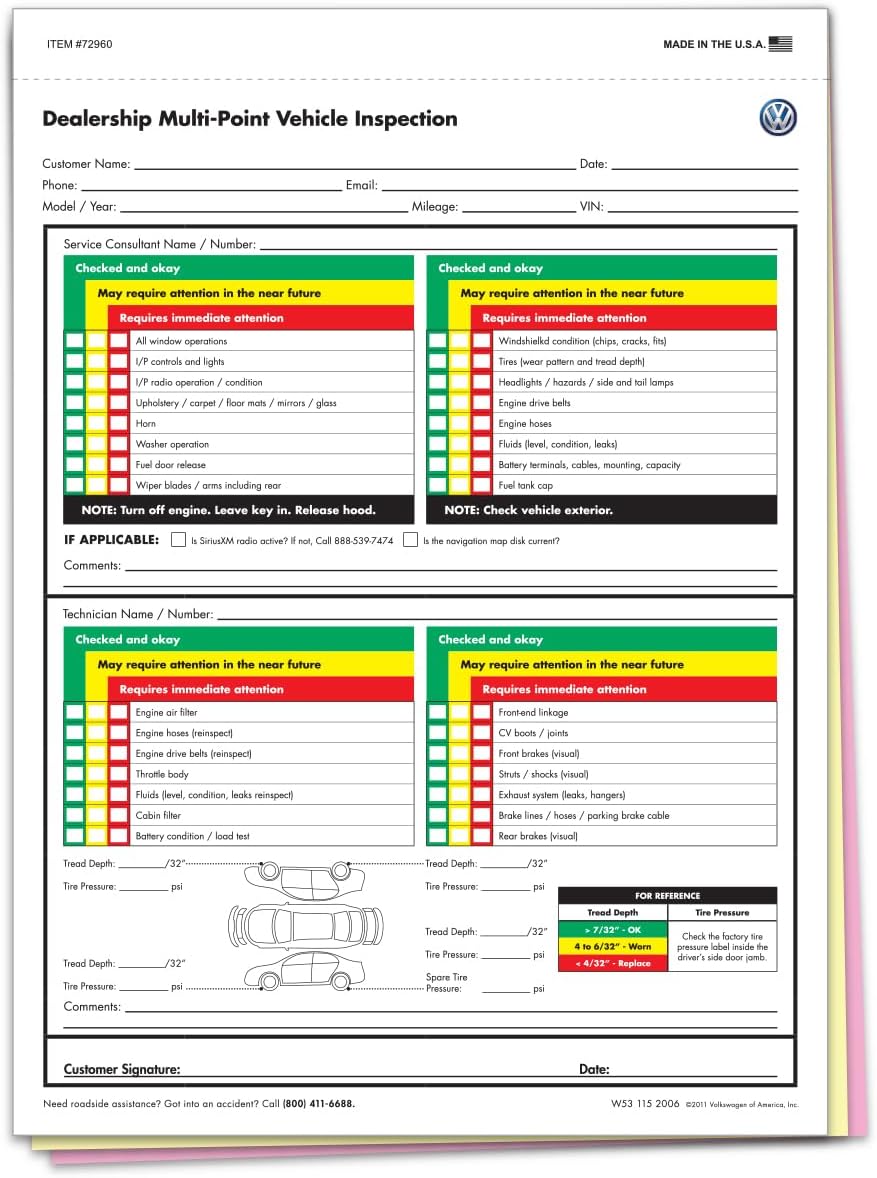 Amazon.com : Multi-Point Inspection Form - Compatible with Volkswagen ...