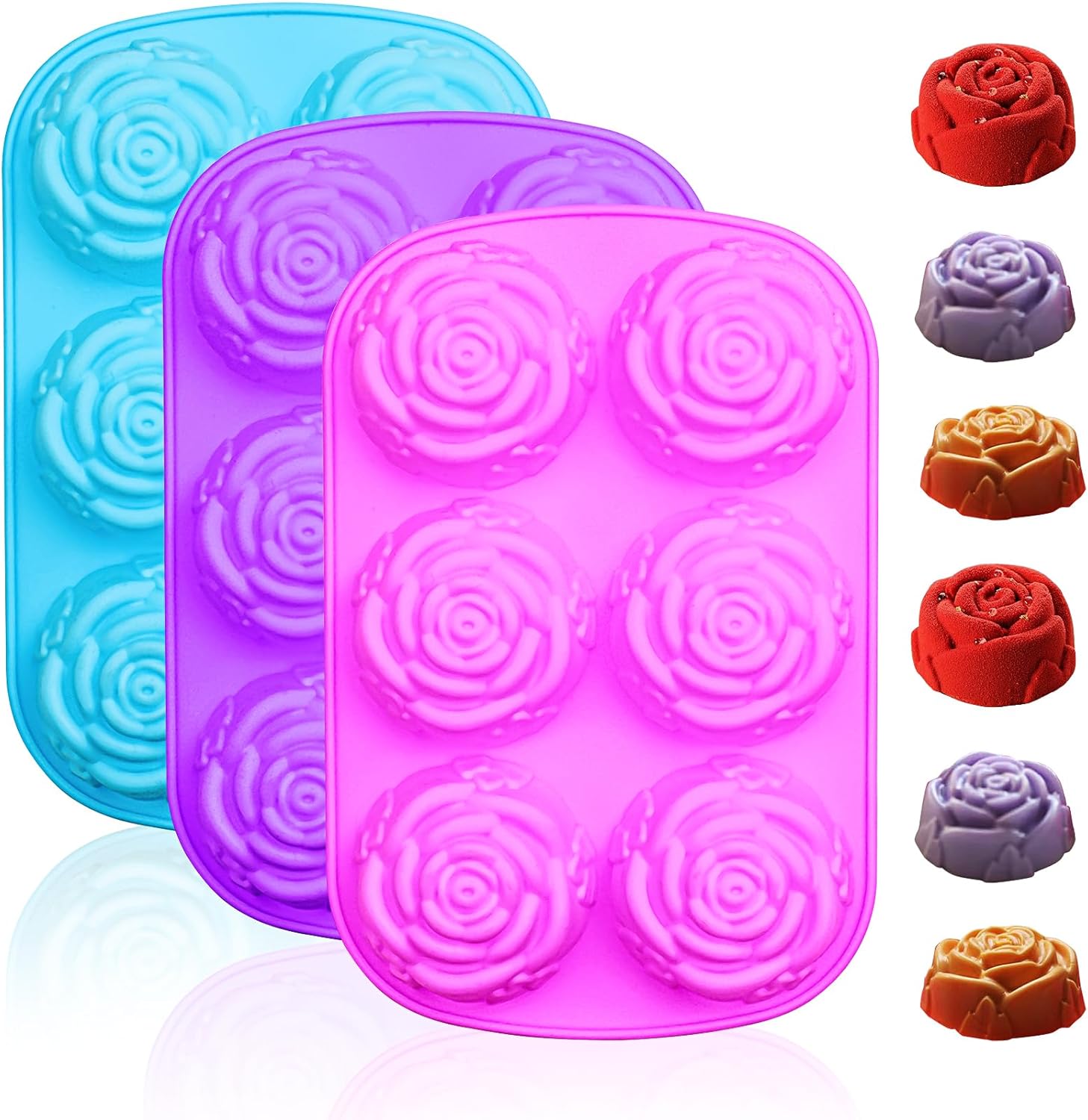 3Pcs Rose Silicone Soap Moulds, 6-Cavity Handmade Rose Flower Ice Cube ...