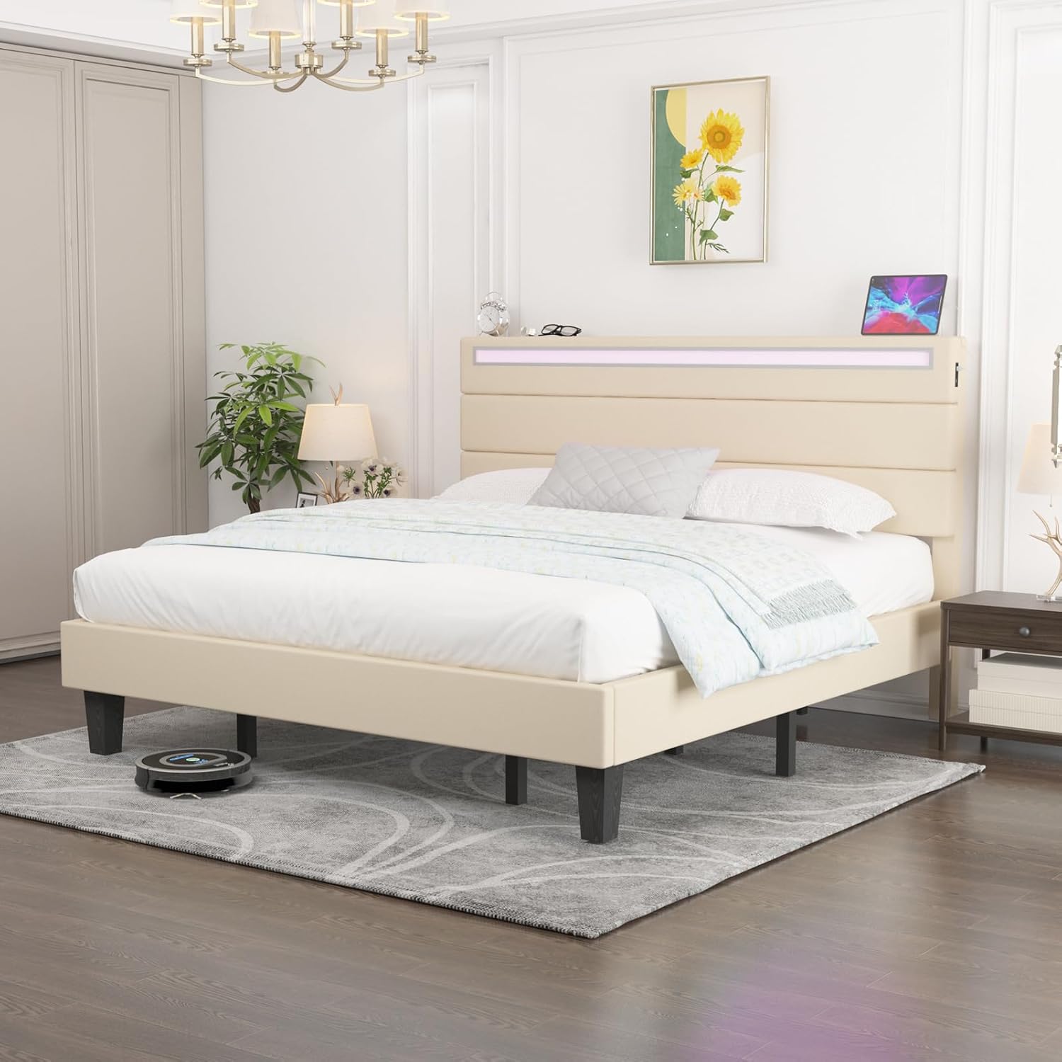 Amazon.com - Benevika LED Queen Size Bed Frame with Headboard ...